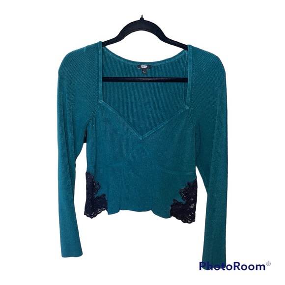 Express | Sweaters | Teal Express Crop Top With Black Lace | Poshmark